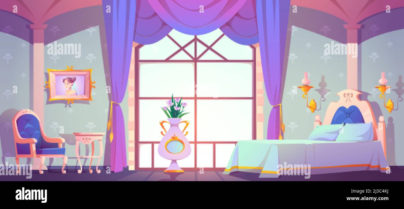 Princess bedroom interior, empty vintage room with elegant retro ...