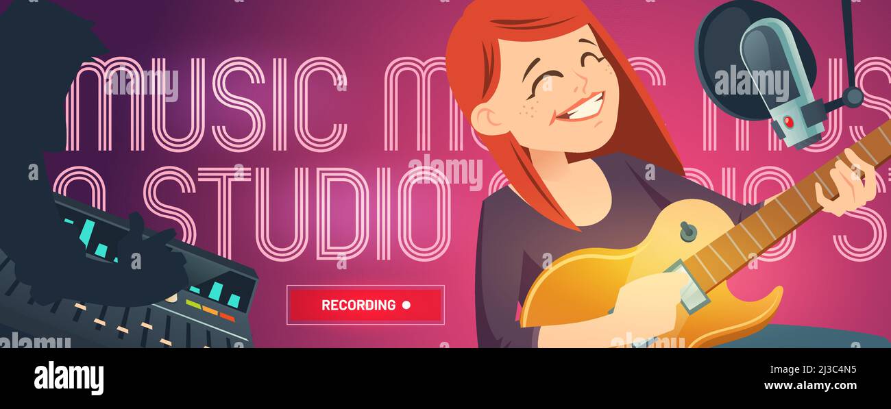 Recording studio cartoon web banner, singer woman with guitar sing in ...