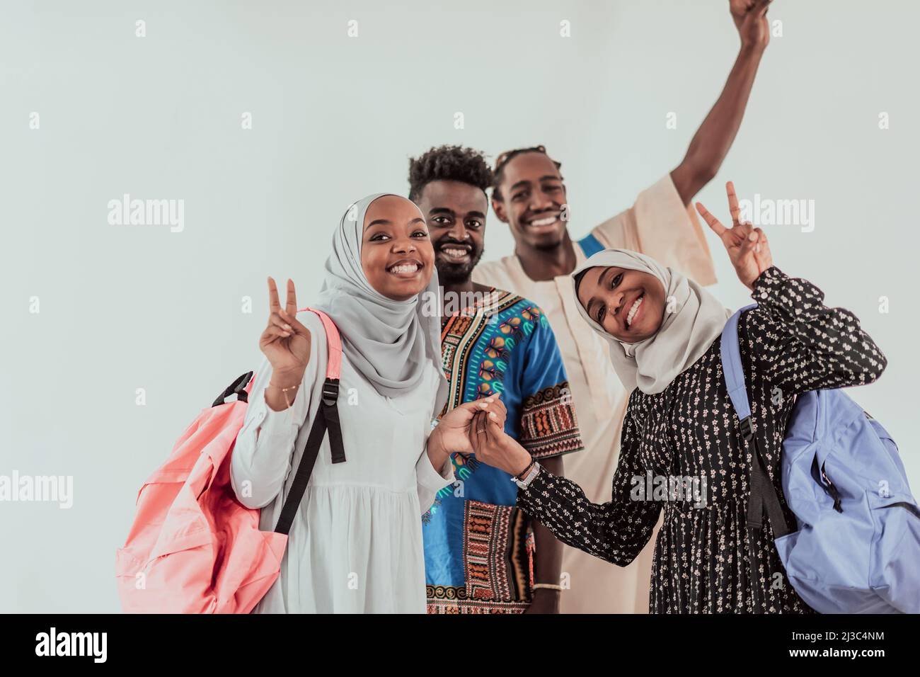 Group of happy african students having conversation and team meeting ...