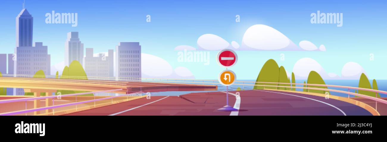 Broken overpass highway, empty road with stop and turn no thoroughfare ...