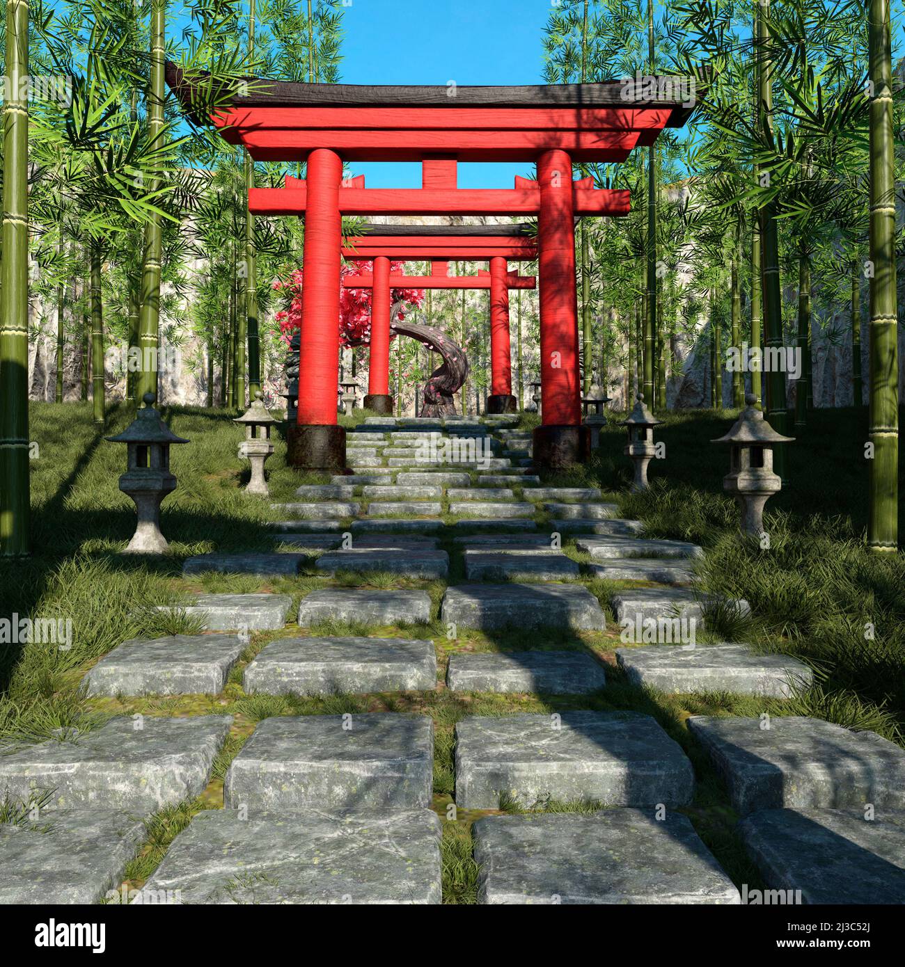 3D rendering of a beautiful Japanese garden in summer Stock Photo - Alamy