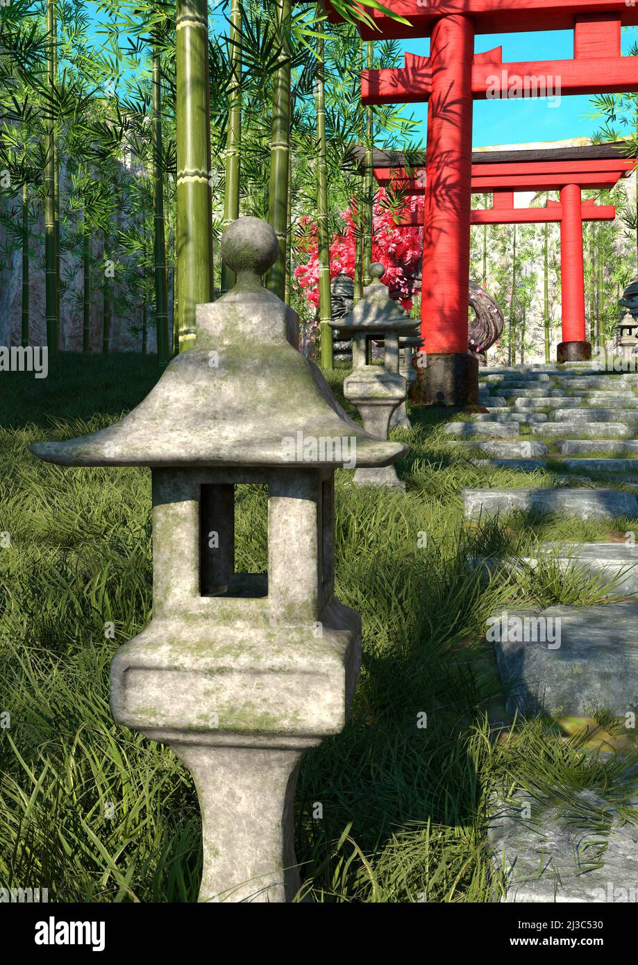 3D rendering of a beautiful Japanese garden in summer Stock Photo - Alamy