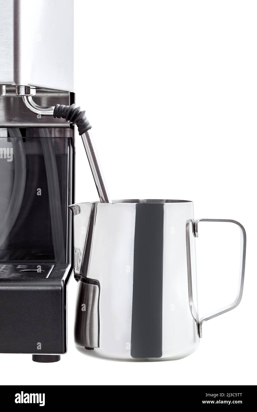 Steel pitcher with steam wand of professional coffee machine made of ...