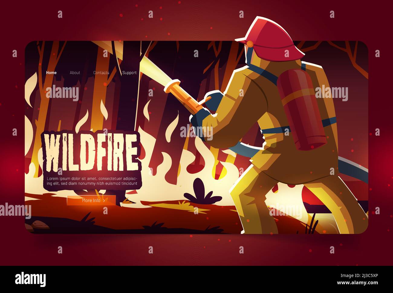 Wildfire landing page with burning forest and fireman at night. Vector ...