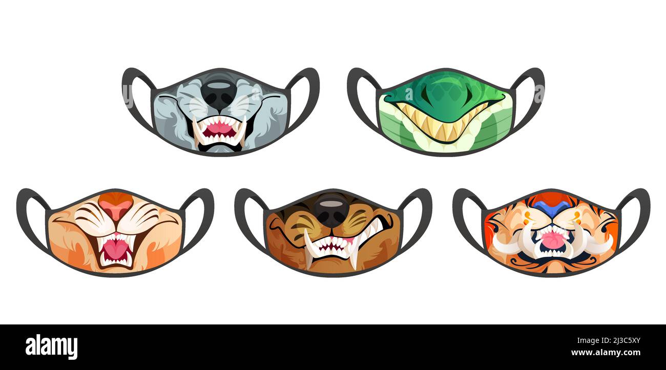 Face masks with scary animal mouth with fangs isolated on white ...