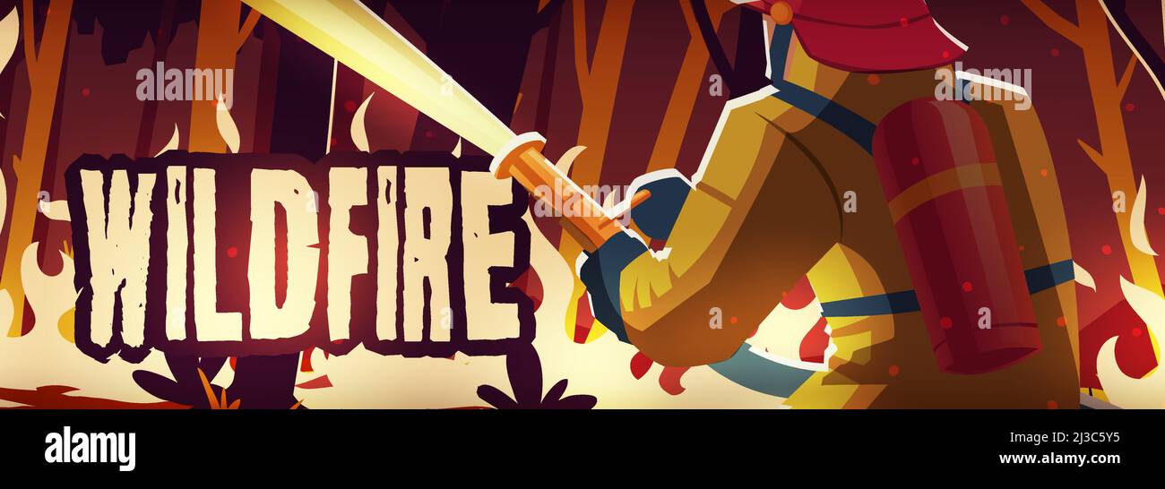 Wildfire landing page with burning forest and fireman at night. Vector ...