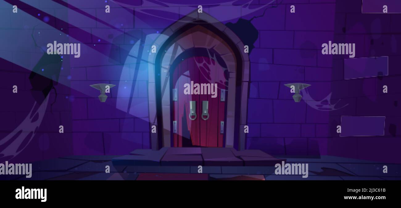 Abandoned dungeon, medieval castle night interior with moonlight fall ...