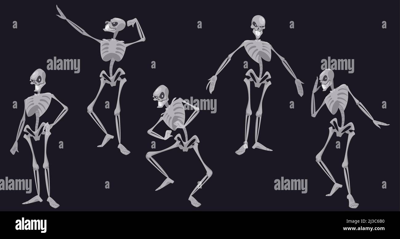 Human skeleton character in different poses isolated on black ...