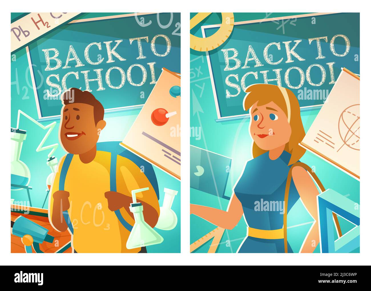 Back to school cartoon posters with girl and boy students wearing ...