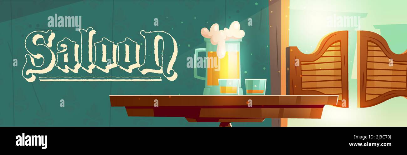 Cowboy saloon cartoon banner, glass tankards with foamy beer and shots ...