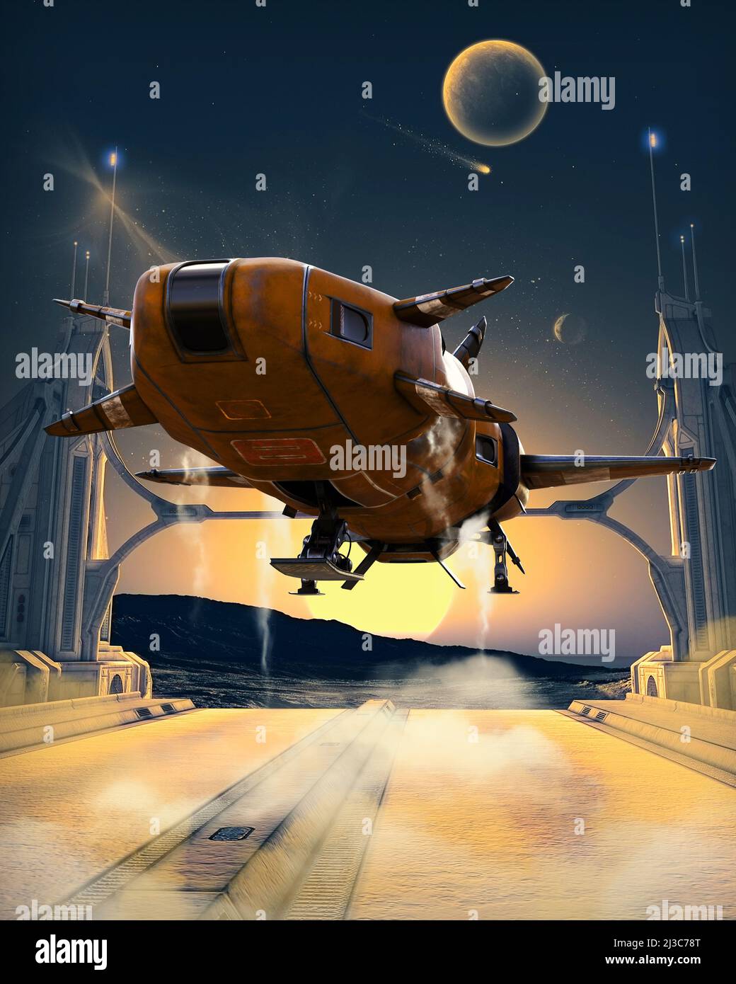 Space ship landing on a futuristic star base platform on an alien panet ...