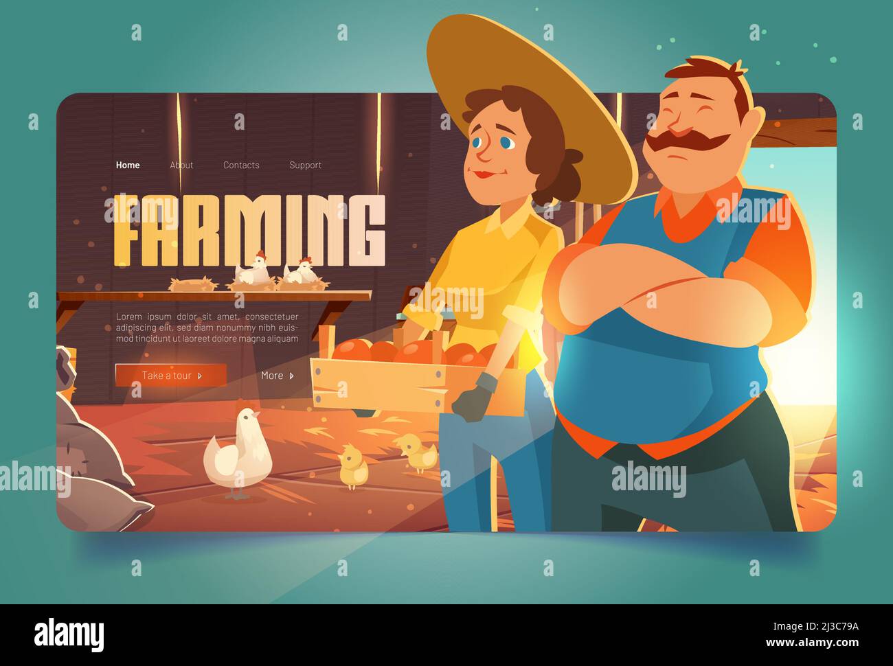 Farmers in barn cartoon landing page, ranchers farm house with chicken ...