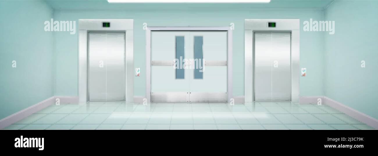 Elevators and door in hospital, clinic, house or laboratory corridor ...