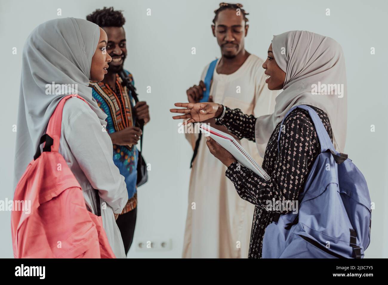 Group of happy african students having conversation and team meeting ...
