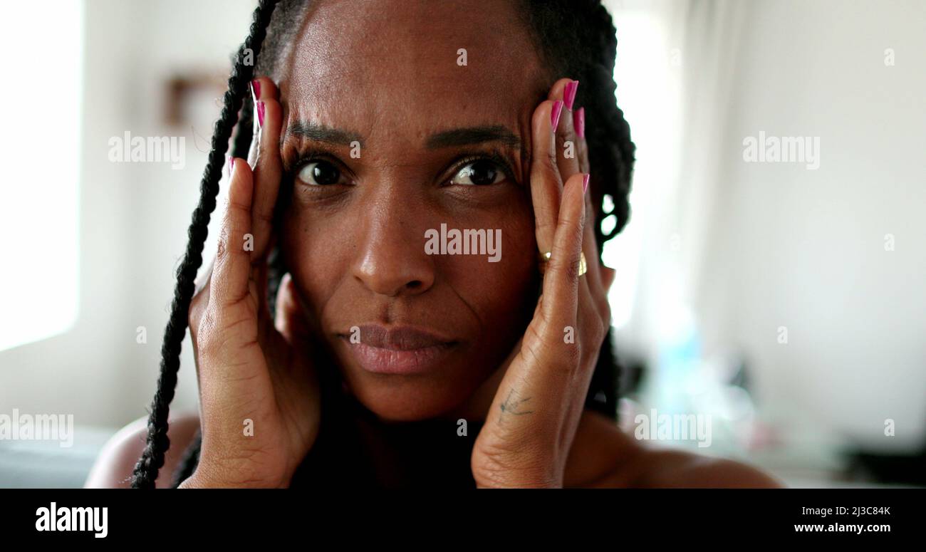 Anxious black African woman, stressed lady portrait face Stock Photo ...