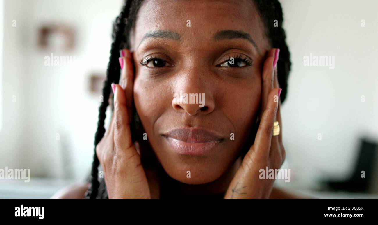 Anxious black African woman, stressed lady portrait face Stock Photo ...