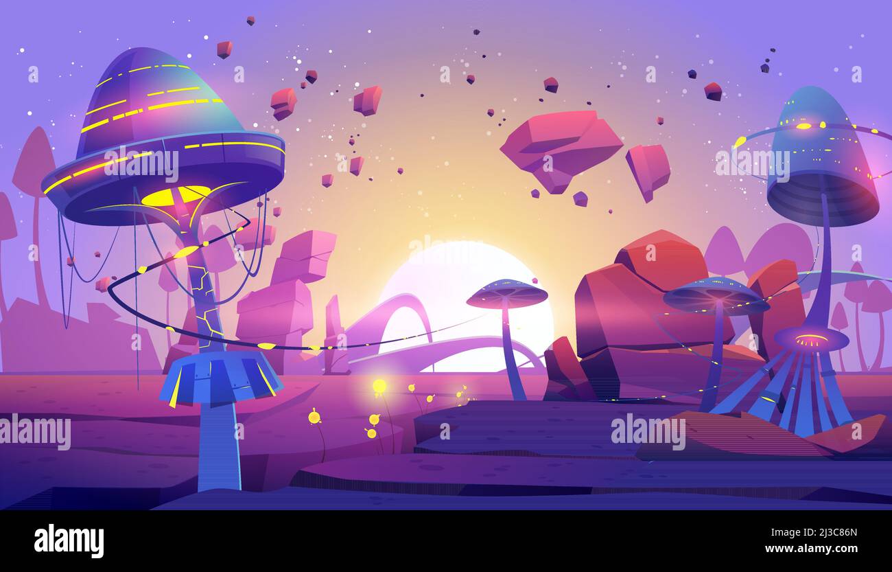 Alien planet landscape with fantasy mushrooms trees or buildings and ...
