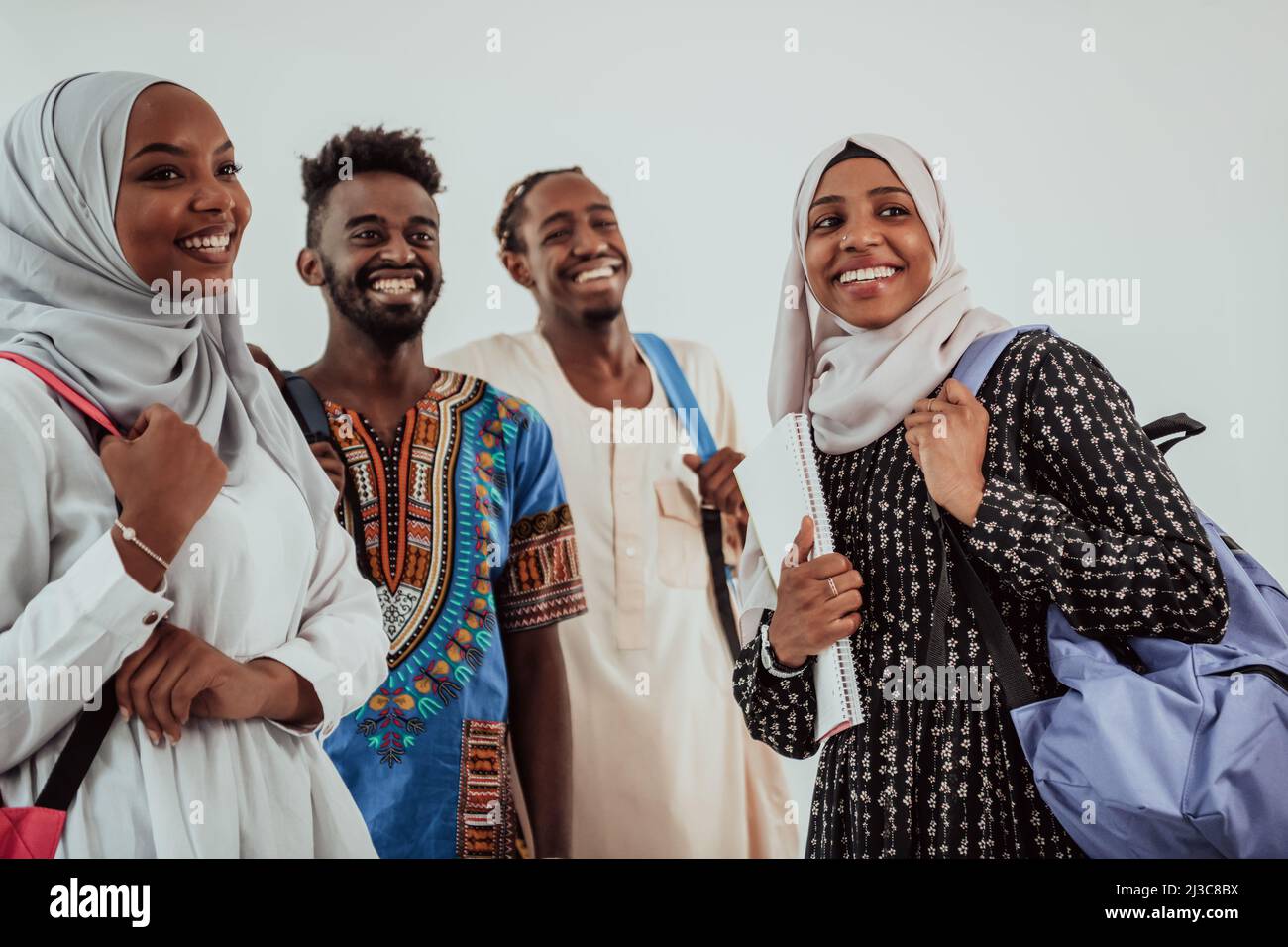 Group of happy african students having conversation and team meeting ...