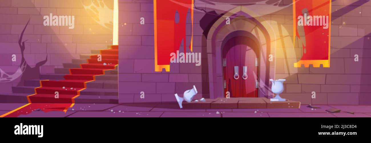 Abandoned medieval castle interior. Dilapidated fairytale palace with ...