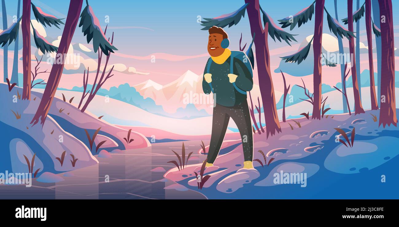 Adventure, travel journey cartoon landing page, traveler at winter ...