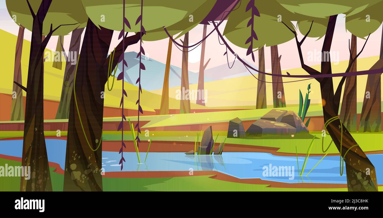 Cartoon forest background with stream flow under green trees with ...