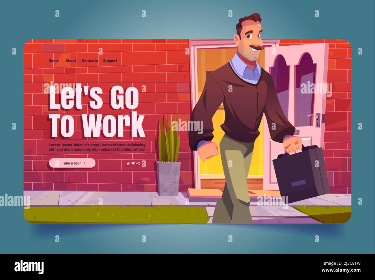 Lets go to work cartoon landing page, Man leaving home walking to job ...