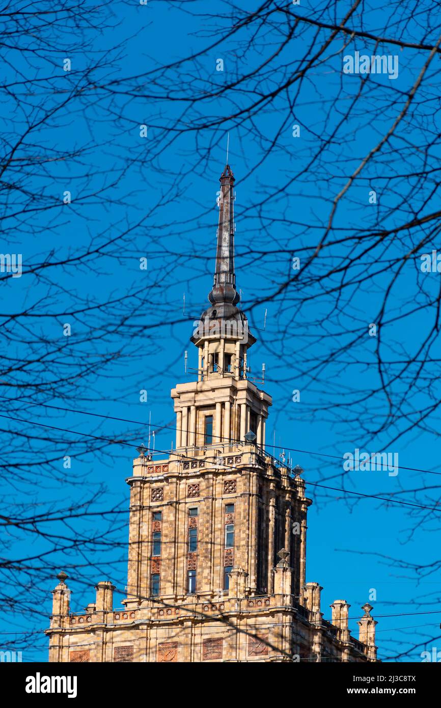Top of the Latvian Academy of Sciences building in Riga, Latvia behind ...