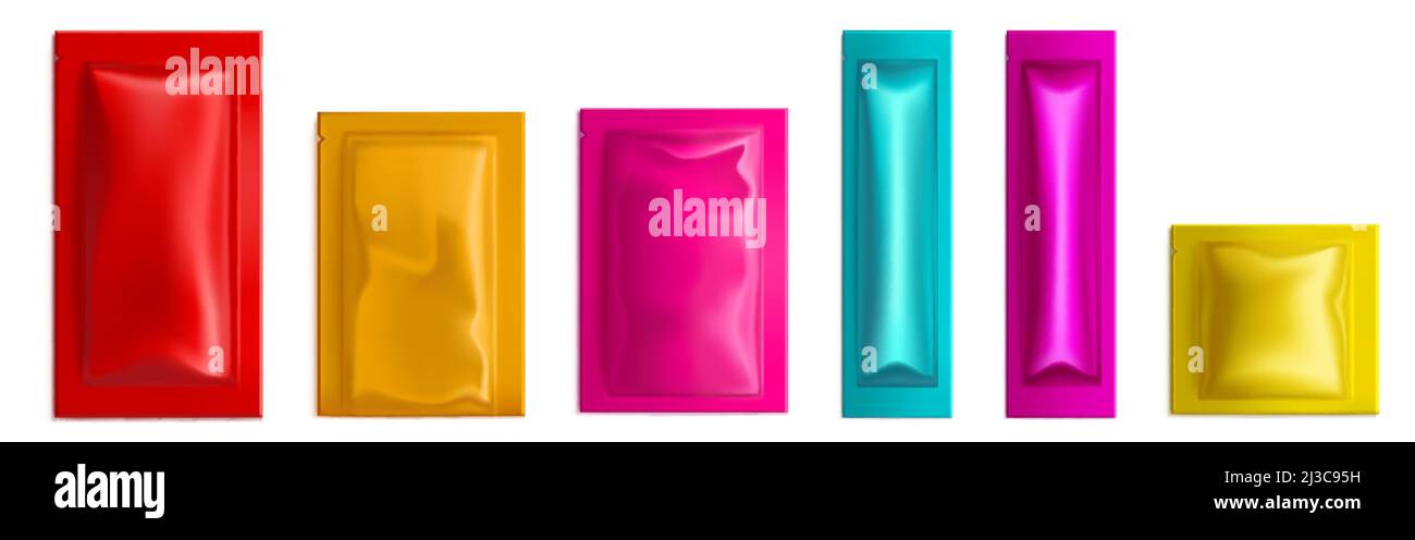 Colorful sachet, pouch bags vector mockup, wet wipes, condom, salt ...