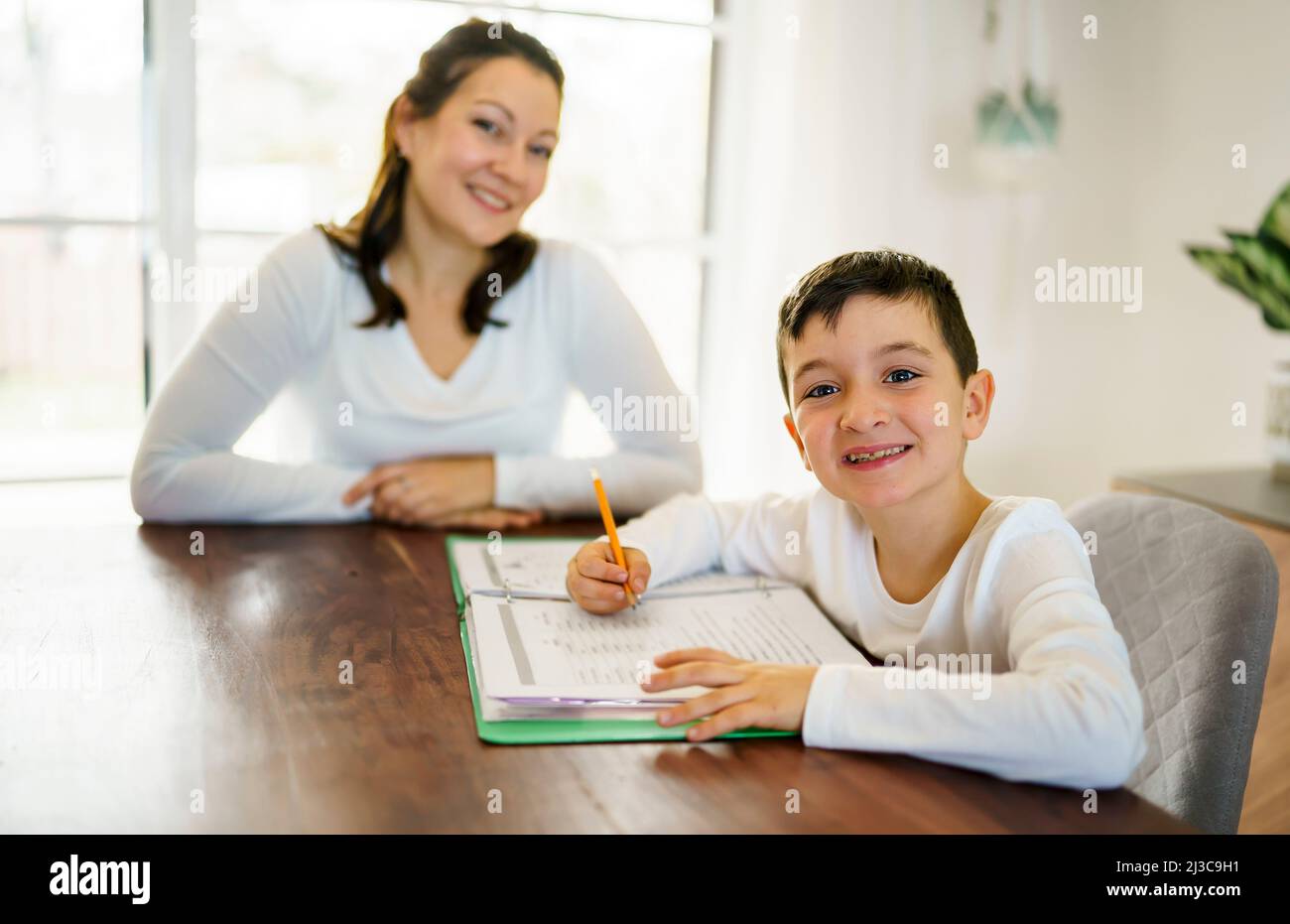 Mother and child doing homework at home Stock Photo - Alamy