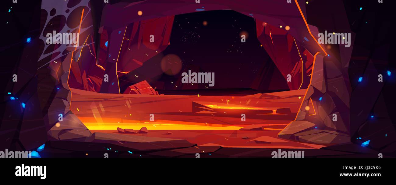 Dark cave in mountain with hot lava. Vector cartoon illustration of ...
