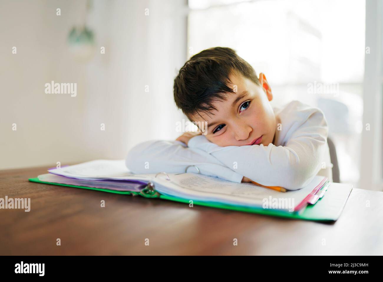 Thinking child bored and frustrated and fed up doing his homework Stock ...