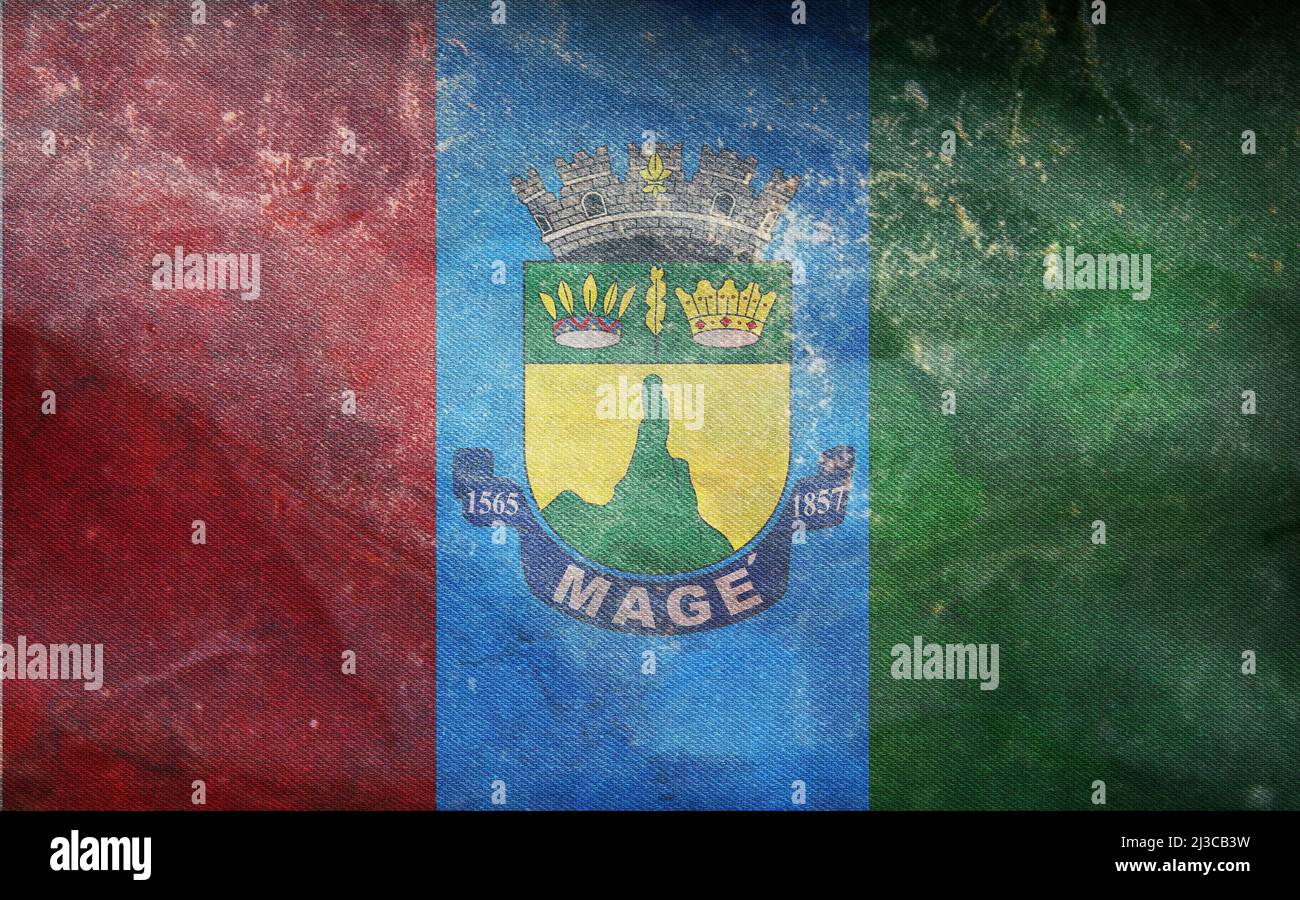 Top view of retro flag Mage, Brazil with grunge texture. Brazilian ...