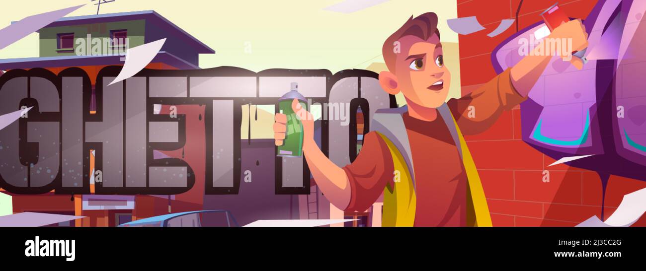 Man with spray draws graffiti on brick wall in ghetto area. Vector ...