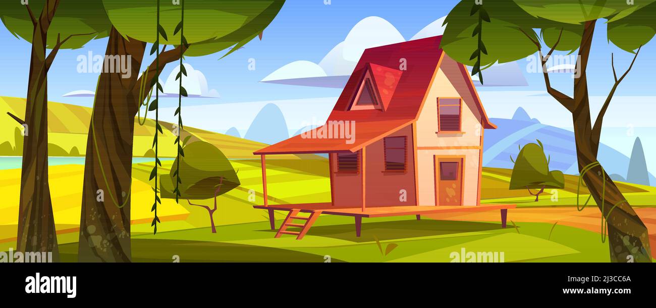 Wooden farm house with agriculture fields and garden. Vector cartoon ...