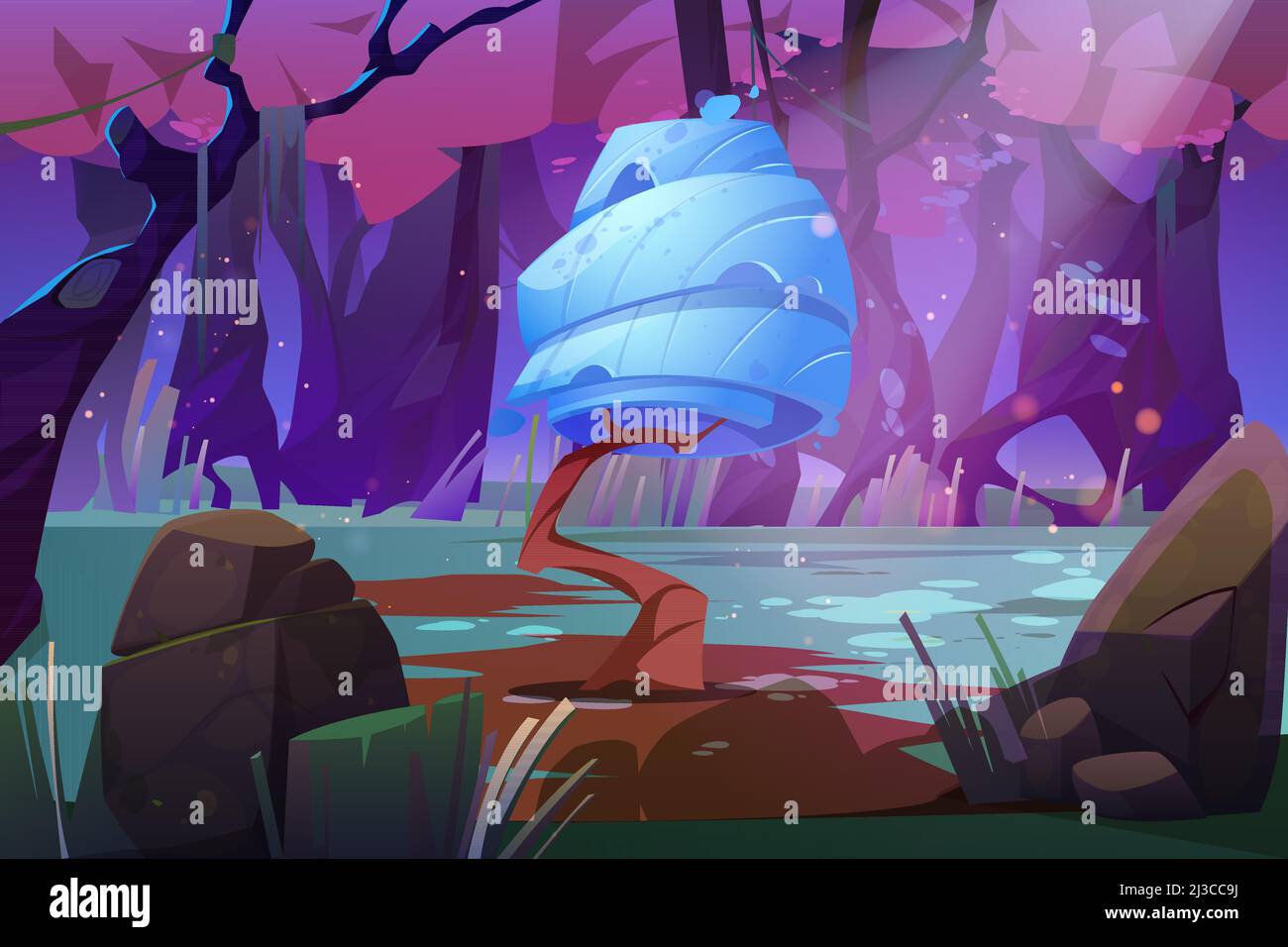 Fantasy landscape with huge mushroom in forest pond or swamp. Alien or ...