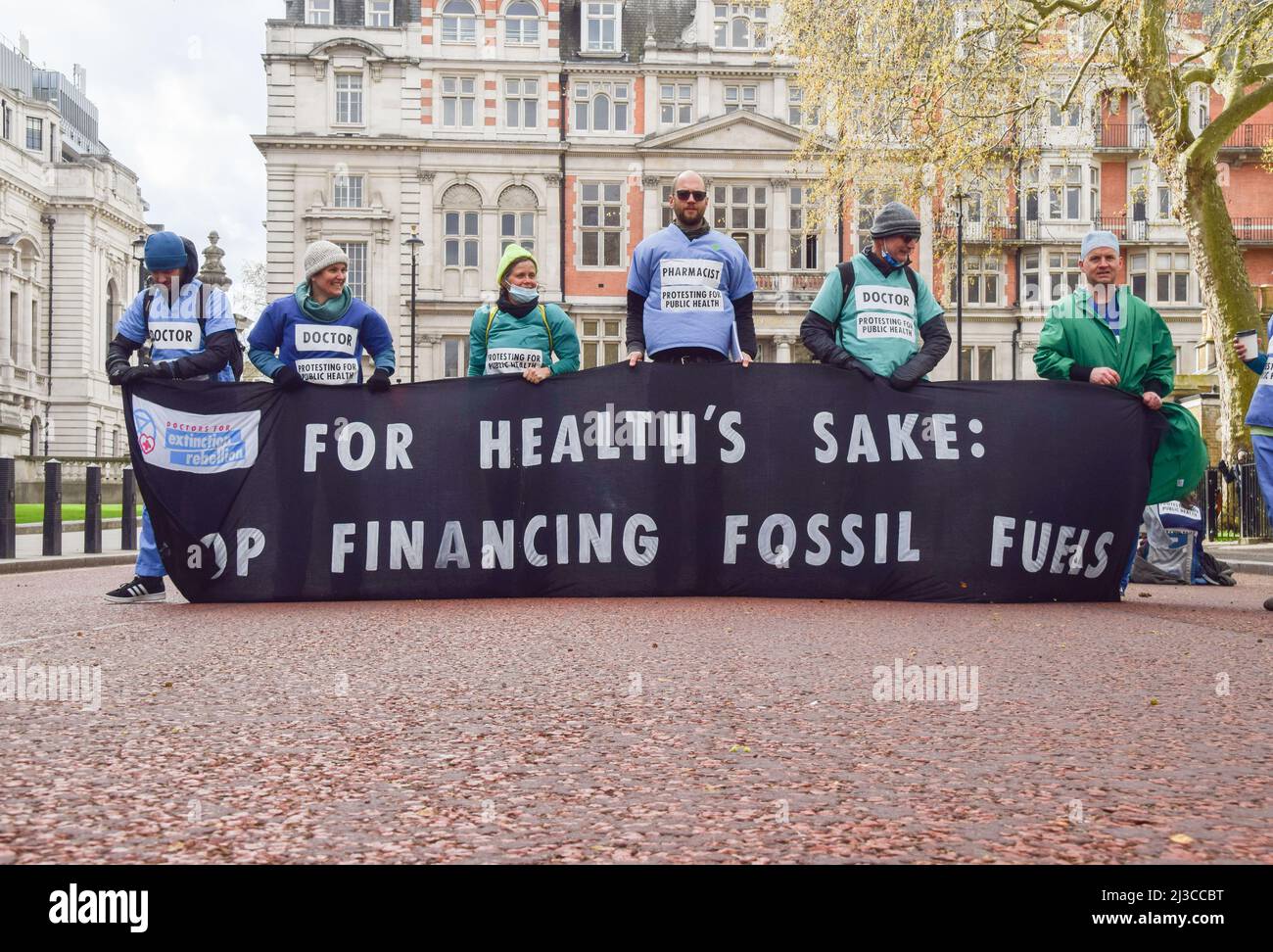 London, England, UK. 7th Apr, 2022. Protesters hold an anti-fossil ...