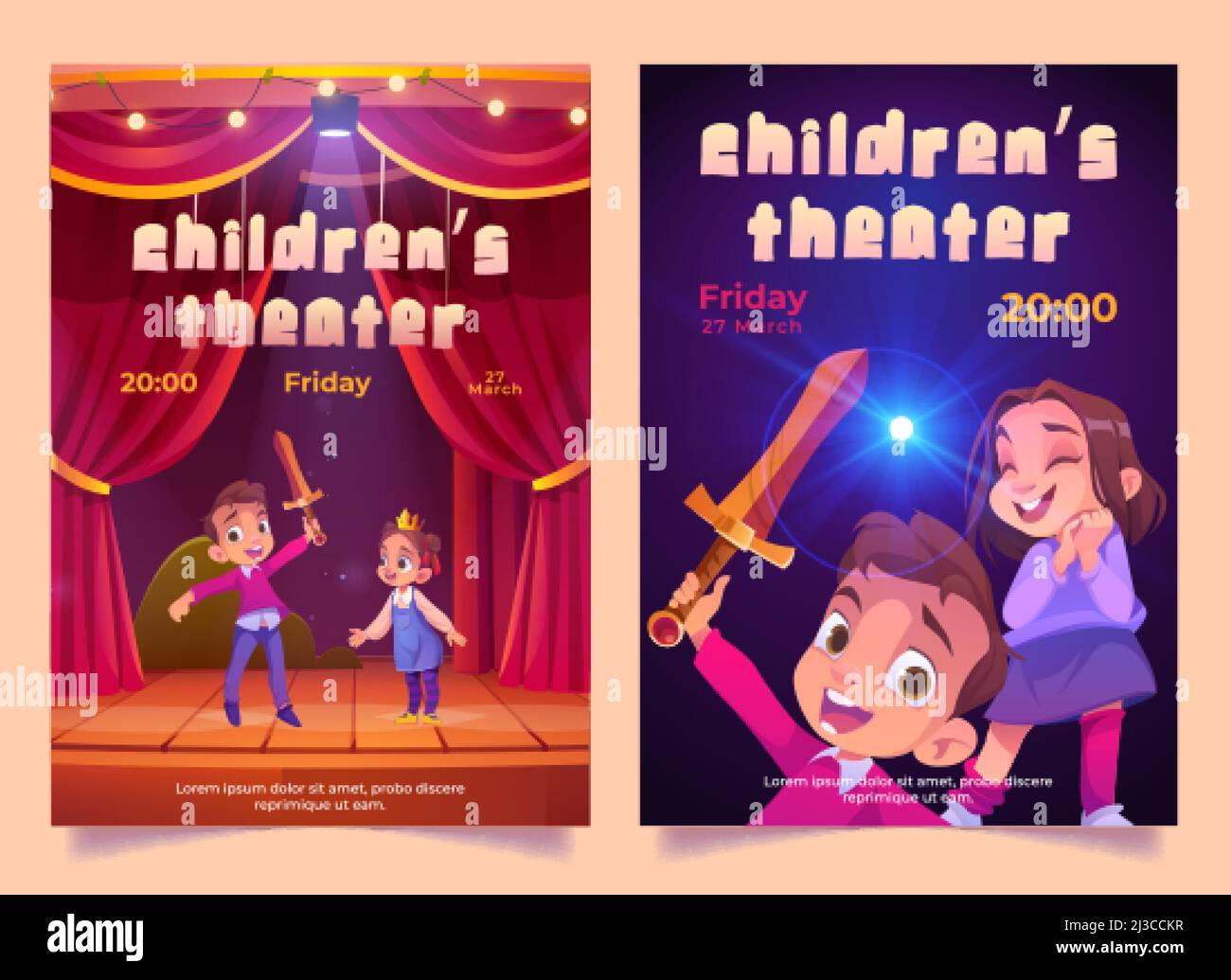 Children theater posters with kids play performance on stage with red ...