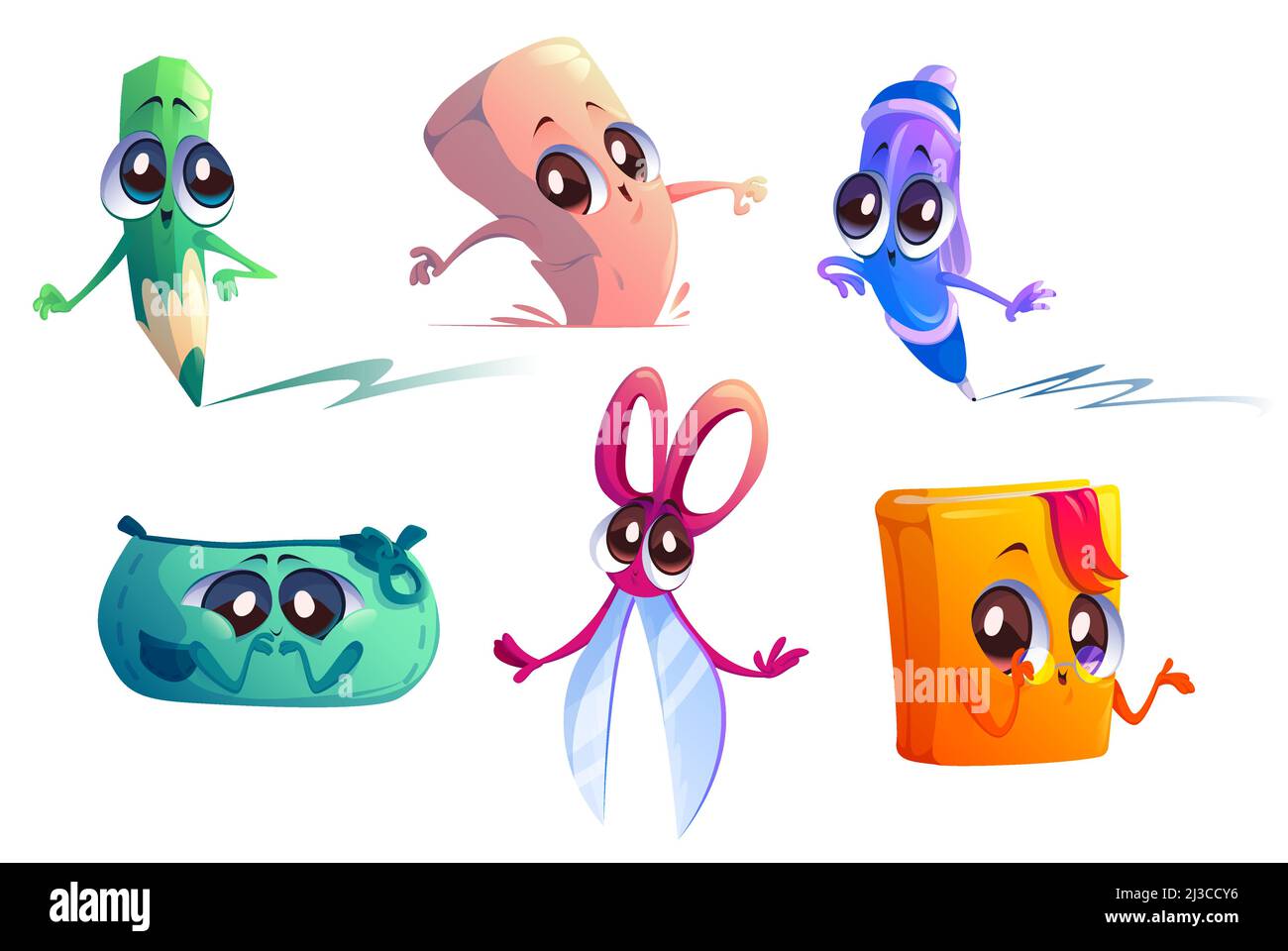 School supplies cartoon characters. Student education stationery ...