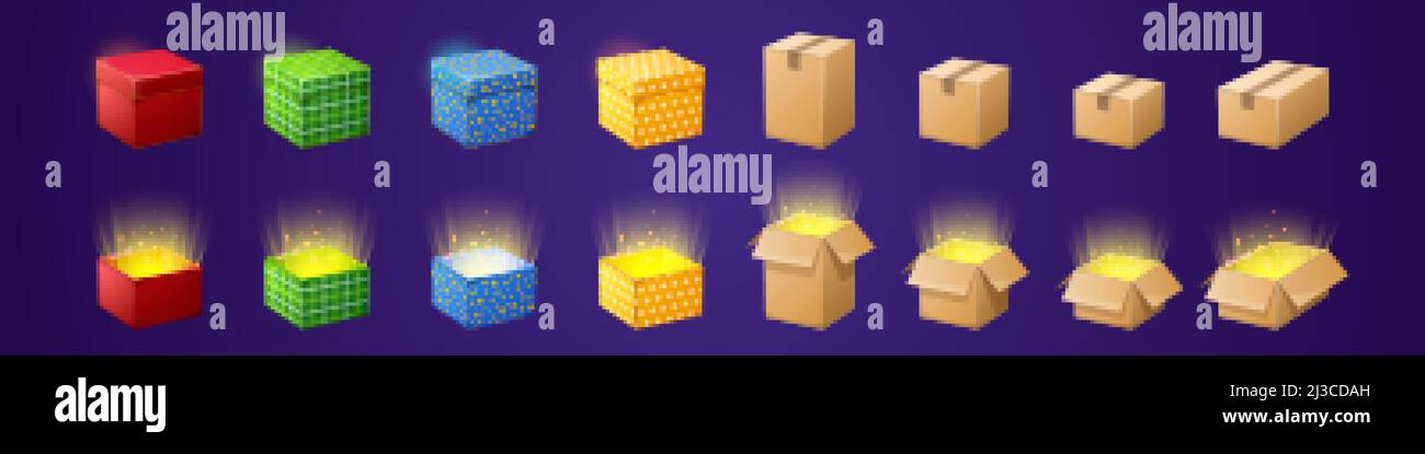 Gift and cardboard boxes for game gui design. Vector cartoon set of ...