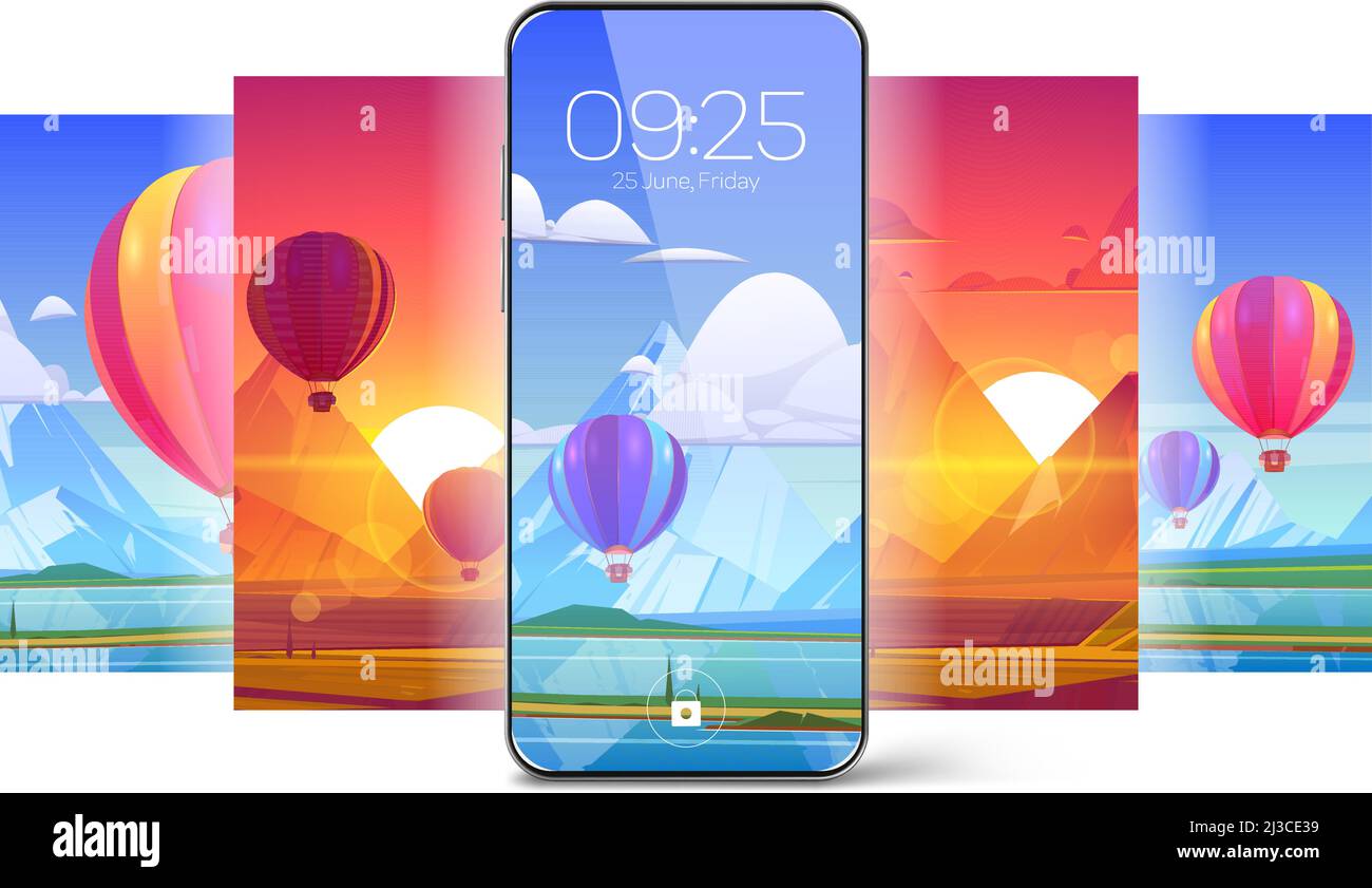 Smartphone lock screen with hot air balloon on landscape background ...