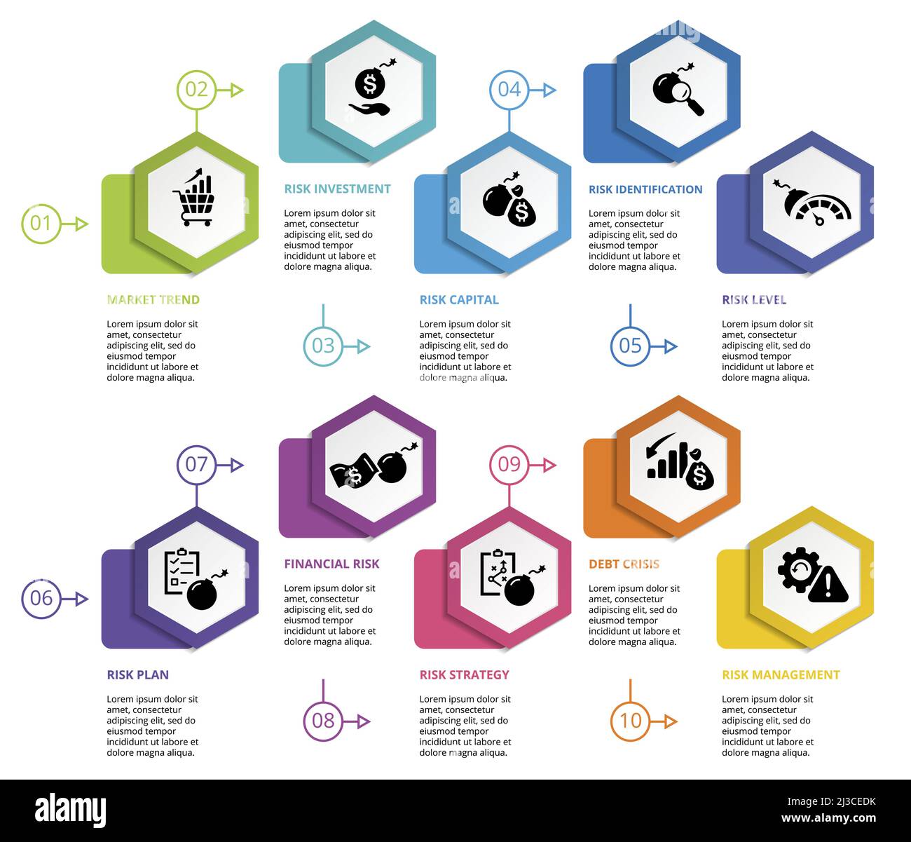 Infographic Risk Management template. Icons in different colors ...