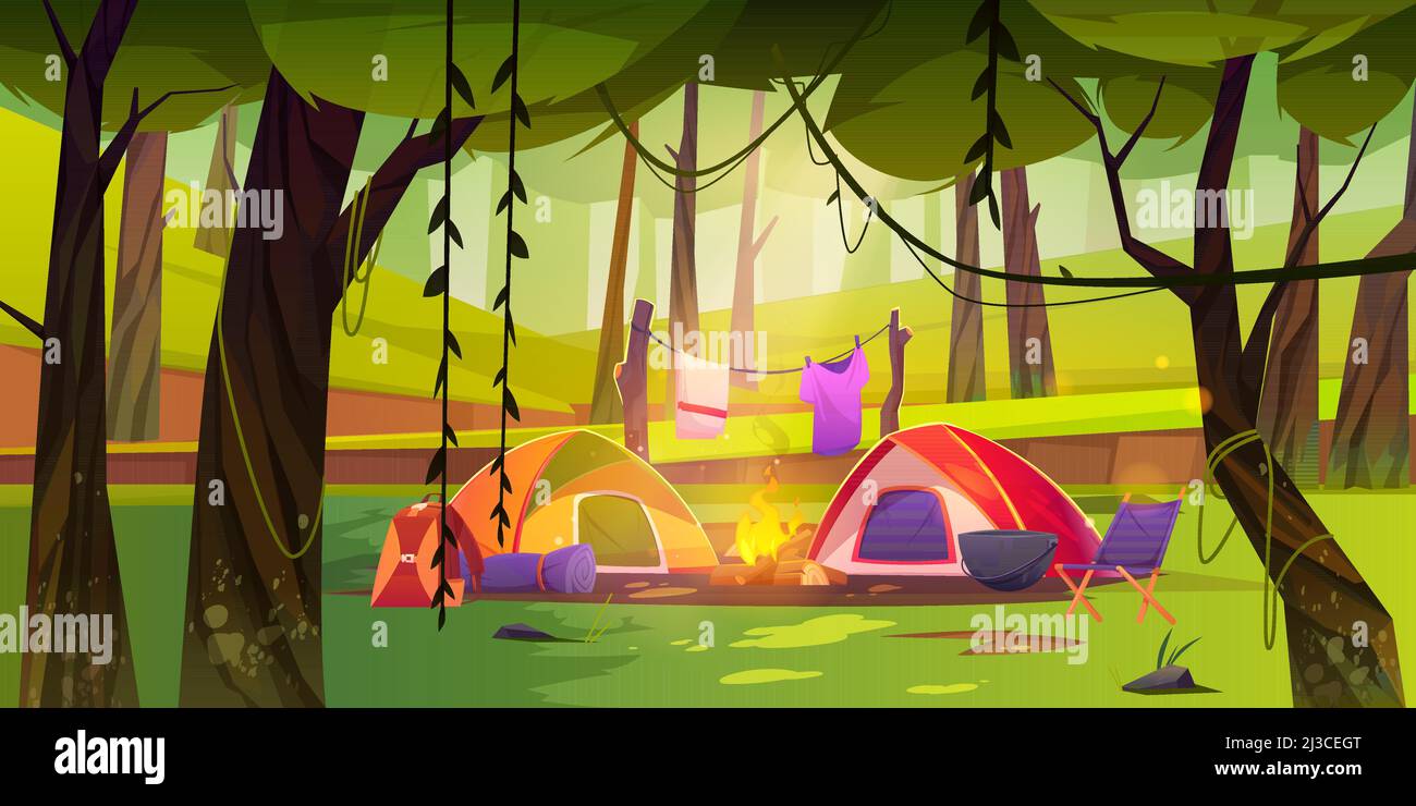 Summer camp on forest glade with tent and campfire. Vector cartoon ...