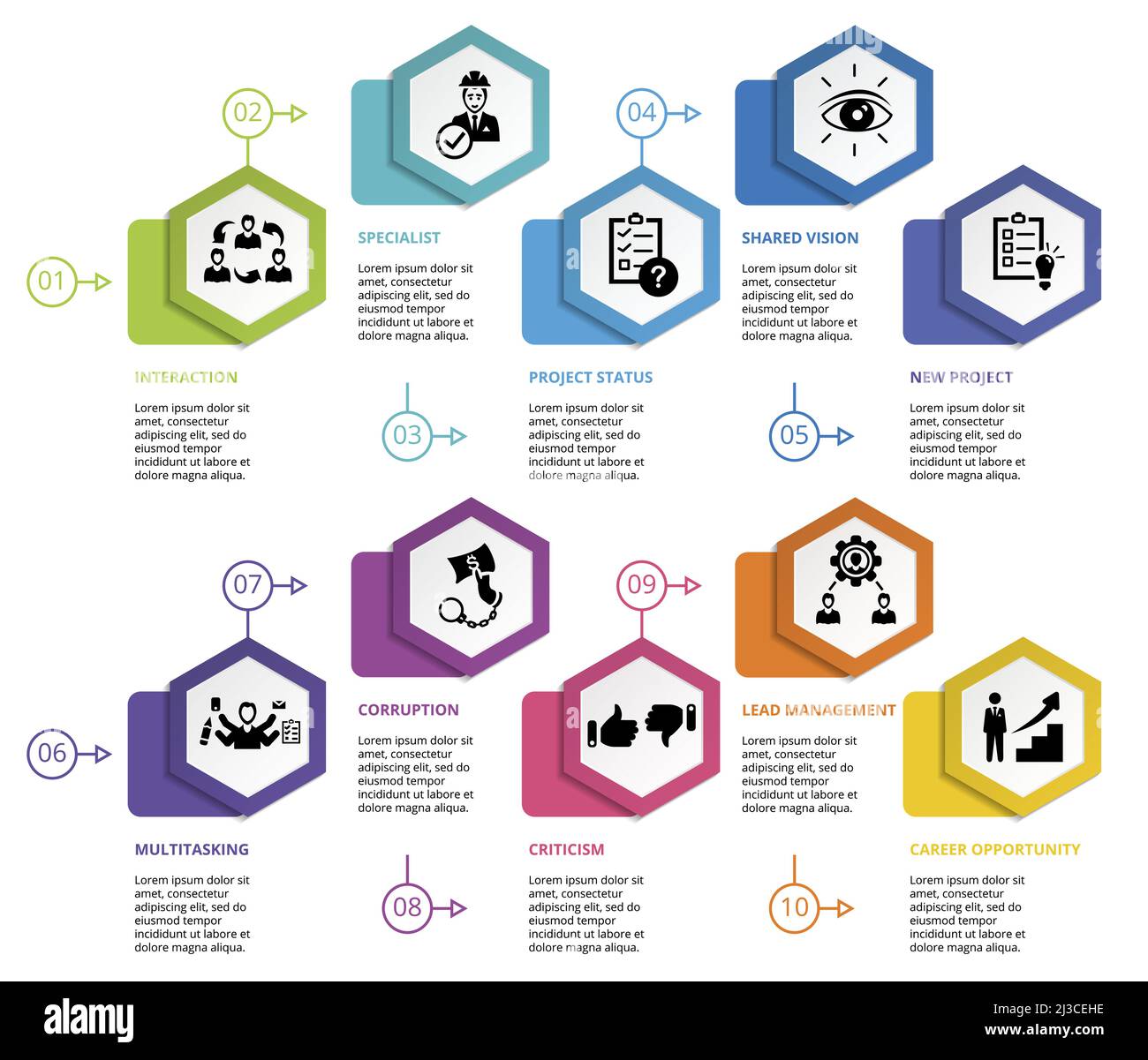 Infographic Management template. Icons in different colors. Include ...