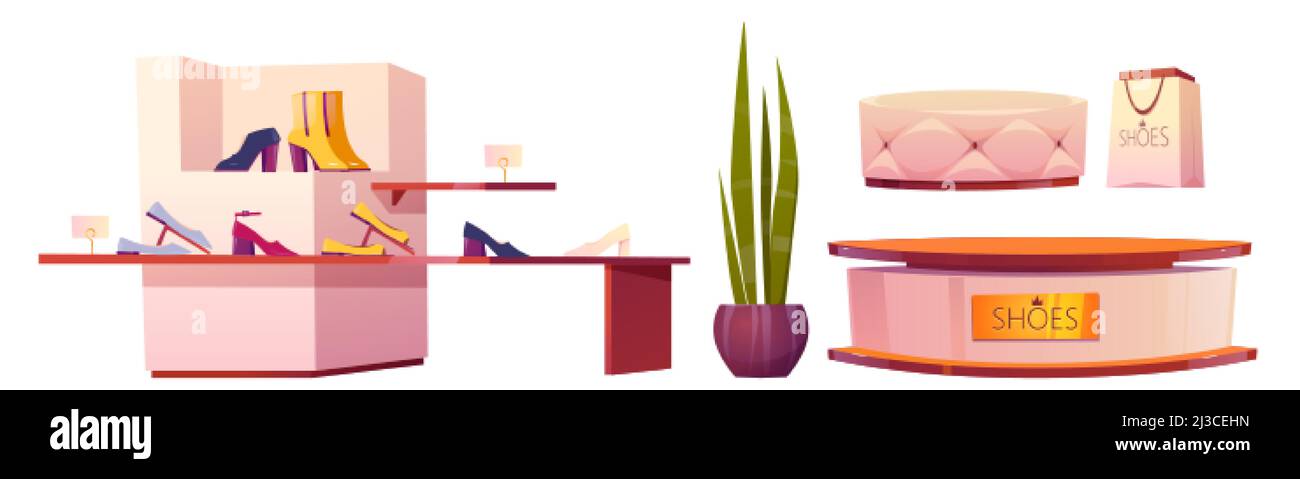 Set of shoes store production, shop furniture, footgear and items ...