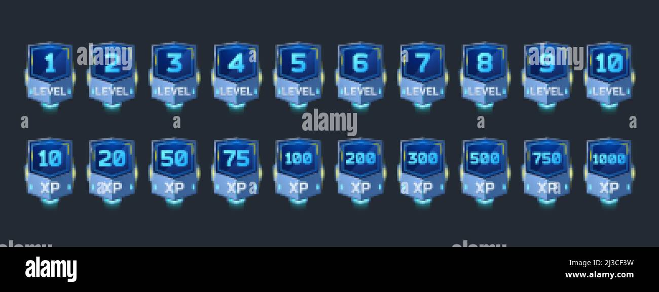 Futuristic badges with level number and experience points for game ui design. Vector cartoon ...