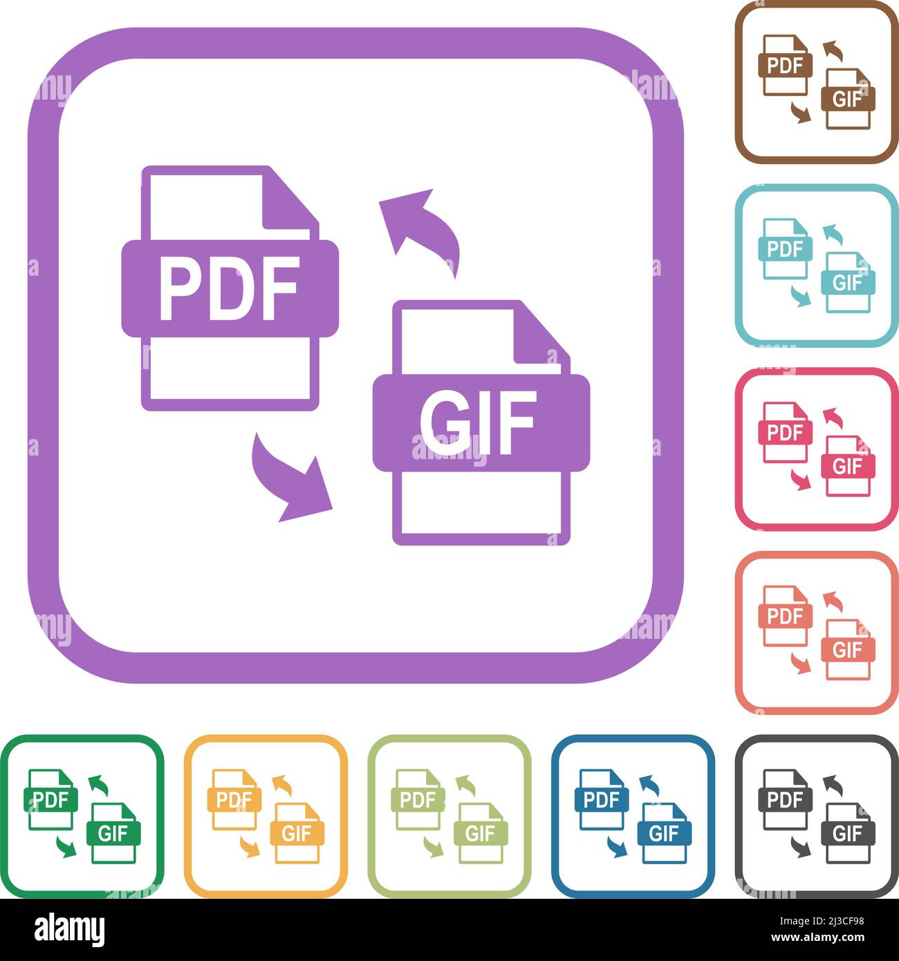 PDF GIF file conversion simple icons in color rounded square frames on white background Stock ...
