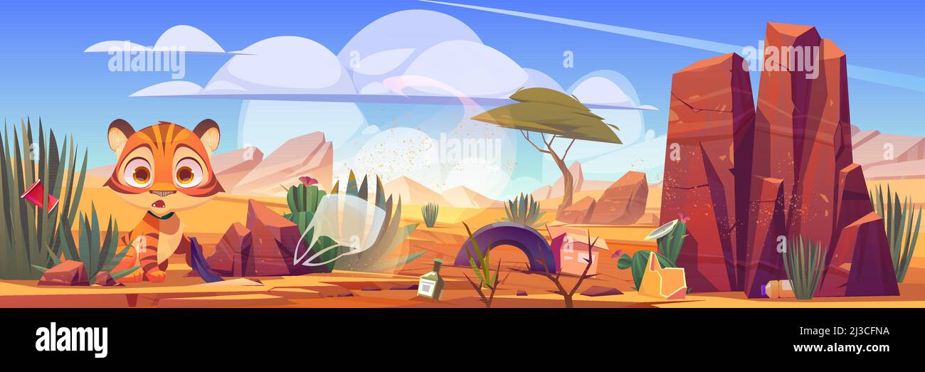 Desert landscape with scared tiger and trash. Concept of nature ...