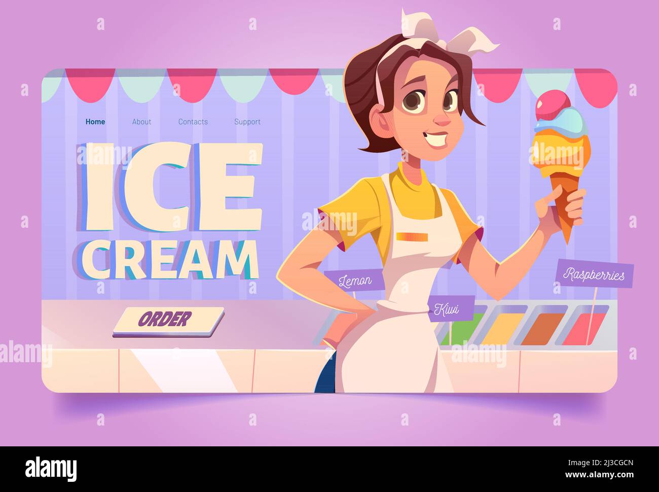 Ice cream banner with girl seller in cafe with fridge. Vector landing ...