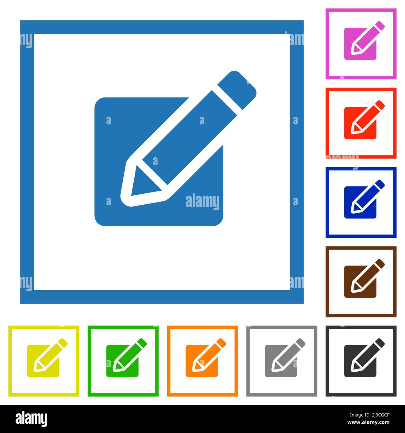 Editing box with pencil solid flat color icons in square frames on ...
