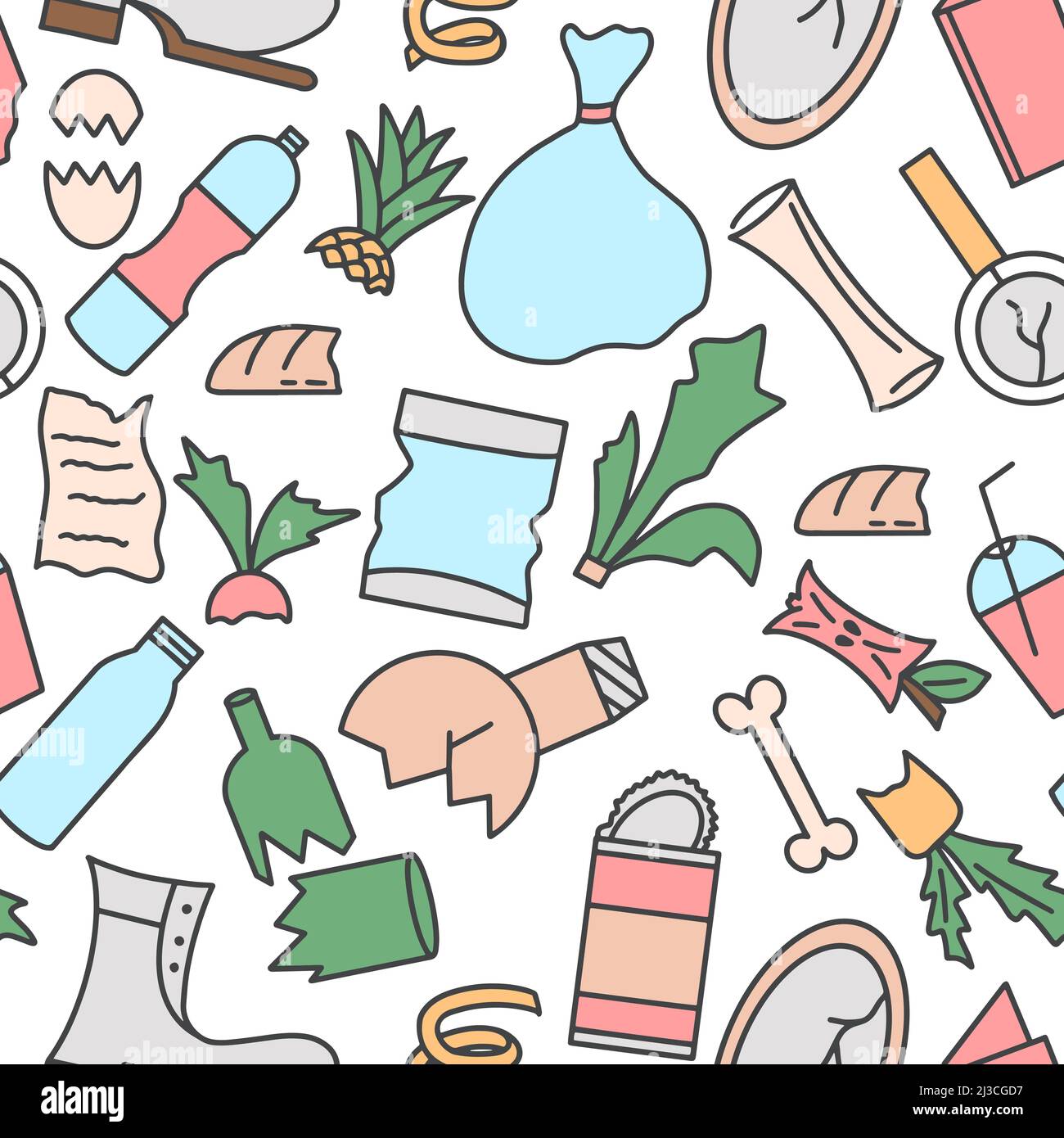 Garbage and household waste seamless pattern vector illustration. Glass ...